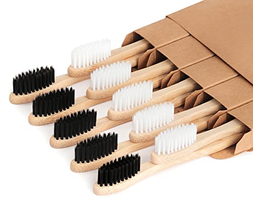 NUDUKO Biodegradable Bamboo Toothbrushes, 10 Piece BPA Free Soft Bristles Toothbrushes, Natural, Eco-Friendly, Green and Compostable