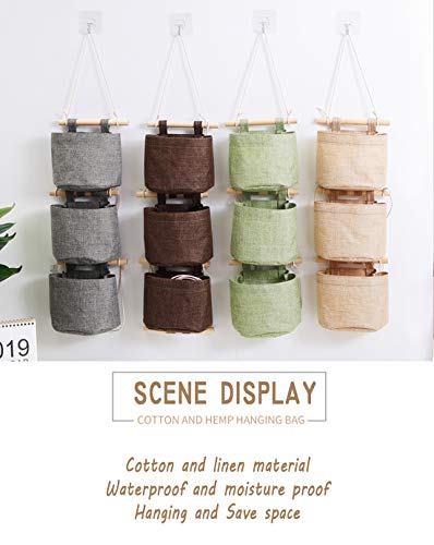 AARAINBOW 1 Pack Mini Cotton Linen Fabric Closet Detachable Foldable Washable Hanging Storage Bag with 3 Pockets Over The Wall Door Organizer for Room Bathroom (Khaki)