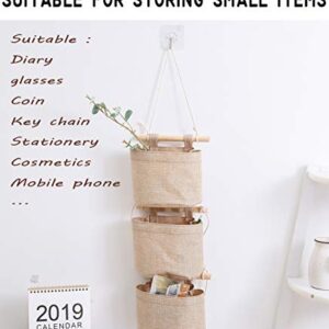 AARAINBOW 1 Pack Mini Cotton Linen Fabric Closet Detachable Foldable Washable Hanging Storage Bag with 3 Pockets Over The Wall Door Organizer for Room Bathroom (Khaki)