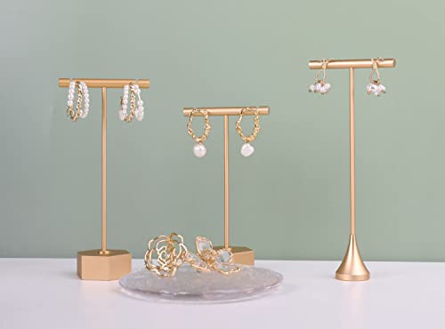 GemeShou Gold Metal Earring T Bar Stand Retail display holders for show, Jewelry Online stores Photography Display Props Organizer【Gold-Hexagon Base Height 4.5"】