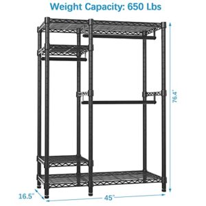 VIPEK V2S Garment Rack Heavy Duty Commercial Grade Clothes Rack, 4 Tiers Adjustable Wire Shelving Clothing Racks with 3 Hanging Rods, Freestanding Closet Metal Wardrobe Closet, Max Load 650LBS, Black