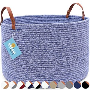 organihaus large basket for blankets for living room 20x13 | woven laundry basket | boho blanket basket | toy storage basket for kids | cotton rope basket w/handles | shoe basket for entryway - blue