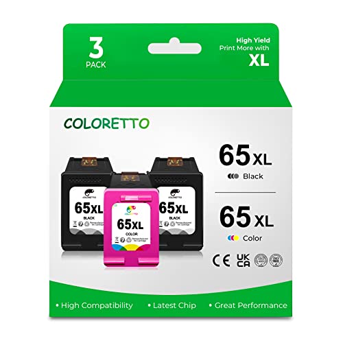 COLORETTO Remanufactured Printer Ink Cartridge Replacement for HP 65XL to use with HP Deskjet 2622 2624 2652 2655 3720 3721 3722 3723 3732 3758,Envy 5052 5058 (2 Black+1 Color) Combo Pack