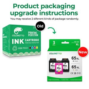 COLORETTO Remanufactured Printer Ink Cartridge Replacement for HP 65XL to use with HP Deskjet 2622 2624 2652 2655 3720 3721 3722 3723 3732 3758,Envy 5052 5058 (2 Black+1 Color) Combo Pack