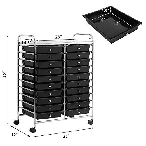 Giantex 20 Drawer Rolling Storage Cart Tools Scrapbook Paper Office School Organizer (25 x 15 x 35 Inch, Black)