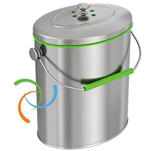 itouchless stainless steel compost bin 1.6 gallon includes absorbx odor filter system, pest-proof, titanium rust-free space-efficient slim oval shape 6 liter kitchen countertop trash can