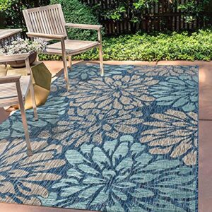 jonathan y smb110c-8 zinnia modern floral textured weave indoor outdoor area-rug bohemian coastal easy-cleaning bedroom kitchen backyard patio non shedding, 8 x 10, navy/aqua