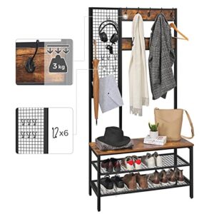 VASAGLE ALINRU Hall Tree, Coat Rack, Coat Stand with Grid Wall, Shoe Rack, 2 Mesh Shelves, 15 Hooks, 72.8-Inch Tall, Large Storage Space, Easy to Assemble, Industrial Style, Rustic Brown UHSR98BX