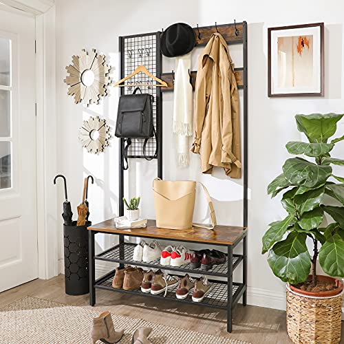 VASAGLE ALINRU Hall Tree, Coat Rack, Coat Stand with Grid Wall, Shoe Rack, 2 Mesh Shelves, 15 Hooks, 72.8-Inch Tall, Large Storage Space, Easy to Assemble, Industrial Style, Rustic Brown UHSR98BX