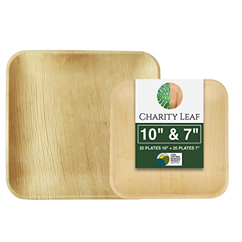 Charity Leaf Compostable Palm Leaf Dinnerware Set | 10" Square (25 pack) & 7" Square (25 pack) Like Bamboo Plates | Natural, Disposable & Eco Friendly | Perfect for Parties, Weddings & Catering Events