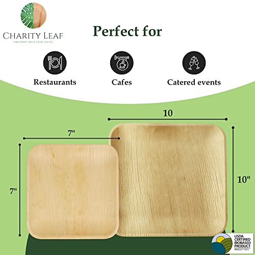 Charity Leaf Compostable Palm Leaf Dinnerware Set | 10" Square (25 pack) & 7" Square (25 pack) Like Bamboo Plates | Natural, Disposable & Eco Friendly | Perfect for Parties, Weddings & Catering Events