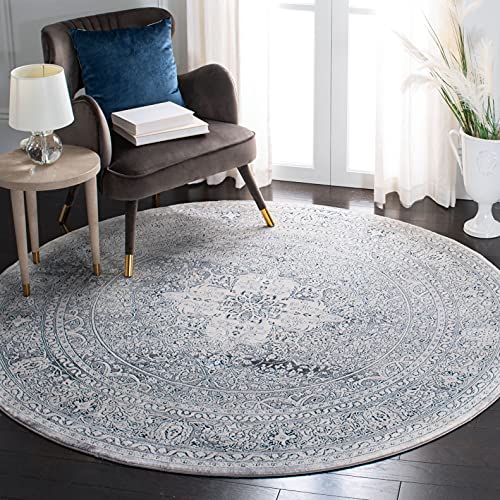 SAFAVIEH Alhambra Collection 6'7" Round Cream/Blue ALH628M Vintage Oriental Non-Shedding Dining Room Entryway Foyer Living Room Bedroom Area Rug