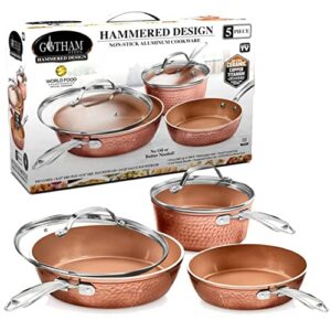 gotham steel premium hammered cookware – 5 piece ceramic cookware, pots and pan set with triple coated nonstick copper surface & aluminum composition for even heating, oven, stovetop & dishwasher safe