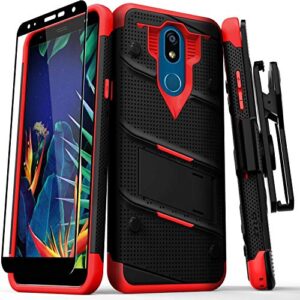 zizo bolt series lg k40 case | military-grade drop protection w/ kickstand bundle includes belt clip holster lg harmony 3 black red