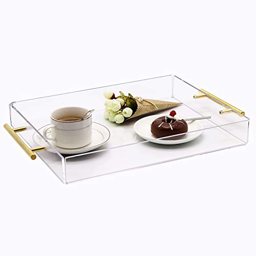 11x14 Clear Acrylic Serving Tray with Gold Handle,Spill Proof Clear Acrylic Trays Plastic Serving Tray for Breakfast,Coffee,Organize,Decor,Cosmetic