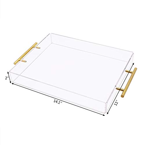 11x14 Clear Acrylic Serving Tray with Gold Handle,Spill Proof Clear Acrylic Trays Plastic Serving Tray for Breakfast,Coffee,Organize,Decor,Cosmetic