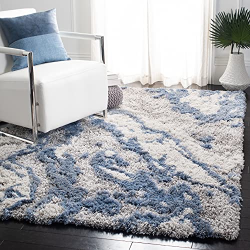 SAFAVIEH Horizon Shag Collection 5'3" x 7'7" Grey/Blue HZN890G Modern Abstract Non-Shedding Living Room Bedroom Dining Room Entryway Plush 2.5-inch Thick Area Rug