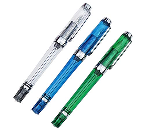 Lanxivi Set of 3 Piston Vaccum Fountain Pen Extra Fine Nib, 013 Series (Blue, Green and Clear Transparent) by Paili