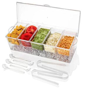 ivyhome ice chilled 5 compartment condiment server caddy | plastic storage food containers | serving tray container with 5 removable dishes over 2 cup capacity each and hinged lid