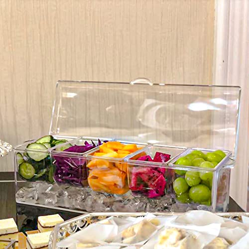 IVYHOME Ice Chilled 5 Compartment Condiment Server Caddy | Plastic Storage Food Containers | Serving Tray Container with 5 Removable Dishes Over 2 Cup Capacity Each and Hinged Lid