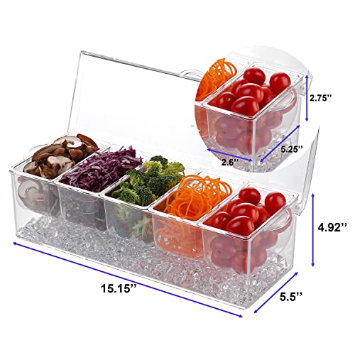 IVYHOME Ice Chilled 5 Compartment Condiment Server Caddy | Plastic Storage Food Containers | Serving Tray Container with 5 Removable Dishes Over 2 Cup Capacity Each and Hinged Lid