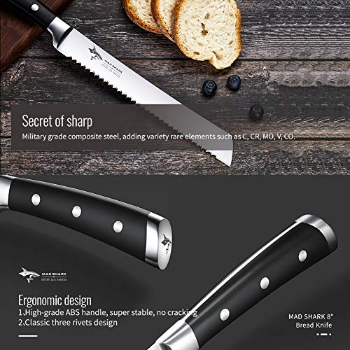 MAD SHARK Bread Knife 8 Inch Pro Serrated Bread Cutter,German High Carbon Stainless Steel Cake Knife with Ergonomic Handle, Ultra Sharp Baker's Knife