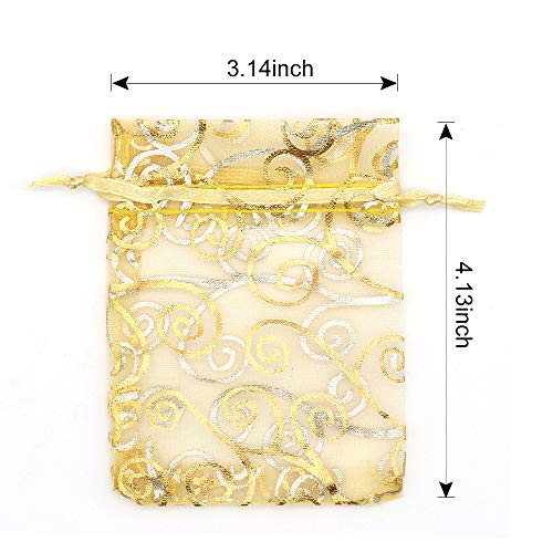 Staruby 100Pcs Gold Organza Bags 3x4 Inches Rattan Printed Organza Gift Bags Mesh Favor Bags Drawstring Jewelry Gift Pouches for Wedding Party Favors Baby Shower Christmas Gifts Candy Bags