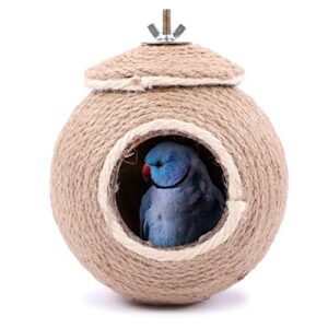 handwoven straw bird nest, reusable grass woven parakeet breeding cave, parrot hatching house for rabbit bunny dove hamster gerbil chinchillas canary or cockatiel, handmade hanging bird nest cage