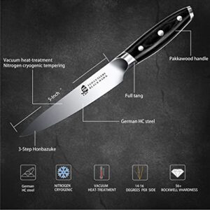 TUO Utility Knife - 5 inch Kitchen Chefs knife - Meat, Fruit, Vegetable Knife Paring Knife - German HC Steel - Full Tang Pakkawood Handle - BLACK HAWK SERIES with Gift Box