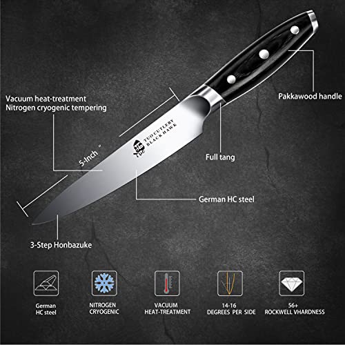 TUO Utility Knife - 5 inch Kitchen Chefs knife - Meat, Fruit, Vegetable Knife Paring Knife - German HC Steel - Full Tang Pakkawood Handle - BLACK HAWK SERIES with Gift Box