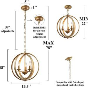 KSANA Gold Orb Chandelier Modern Globe 3 Light Fixture for Dining & Living Room, Bedroom, Foyer and Kitchen