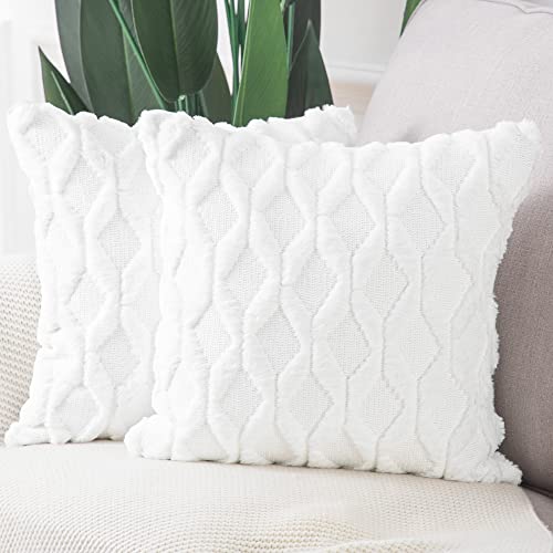 MADIZZ Set of 2 Soft Plush Short Wool Velvet Decorative Throw Pillow Covers 24x24 inch White Square Luxury Style Cushion Case European Pillow Shell for Sofa Bedroom