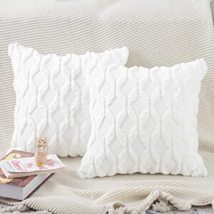 MADIZZ Set of 2 Soft Plush Short Wool Velvet Decorative Throw Pillow Covers 24x24 inch White Square Luxury Style Cushion Case European Pillow Shell for Sofa Bedroom