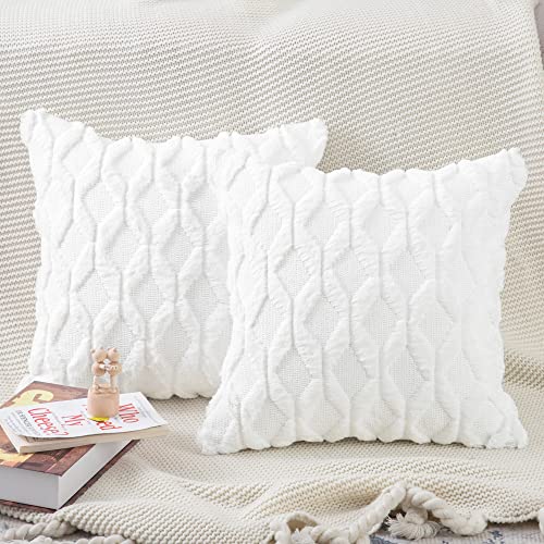 MADIZZ Set of 2 Soft Plush Short Wool Velvet Decorative Throw Pillow Covers 24x24 inch White Square Luxury Style Cushion Case European Pillow Shell for Sofa Bedroom