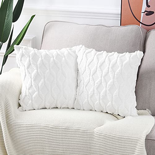 MADIZZ Set of 2 Soft Plush Short Wool Velvet Decorative Throw Pillow Covers 24x24 inch White Square Luxury Style Cushion Case European Pillow Shell for Sofa Bedroom