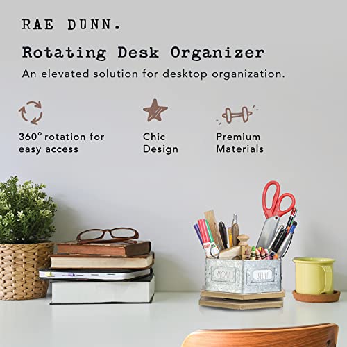 Rae Dunn Pencil Holder Cup - Spinning Metal Pen and Office Supplies 6 Compartment Desktop Organizer Caddy for Office Accessories - Great for Home, School, Classroom, Work - Round Design