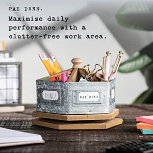 Rae Dunn Pencil Holder Cup - Spinning Metal Pen and Office Supplies 6 Compartment Desktop Organizer Caddy for Office Accessories - Great for Home, School, Classroom, Work - Round Design