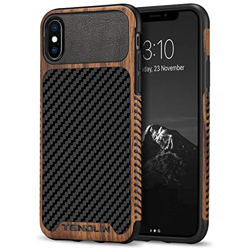 TENDLIN Compatible with iPhone Xs Max Case Wood Grain with Carbon Fiber Texture Design Leather Hybrid Slim Case Compatible with iPhone Xs Max