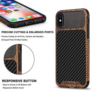 TENDLIN Compatible with iPhone Xs Max Case Wood Grain with Carbon Fiber Texture Design Leather Hybrid Slim Case Compatible with iPhone Xs Max