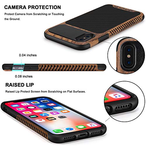 TENDLIN Compatible with iPhone Xs Max Case Wood Grain with Carbon Fiber Texture Design Leather Hybrid Slim Case Compatible with iPhone Xs Max