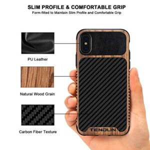 TENDLIN Compatible with iPhone Xs Max Case Wood Grain with Carbon Fiber Texture Design Leather Hybrid Slim Case Compatible with iPhone Xs Max