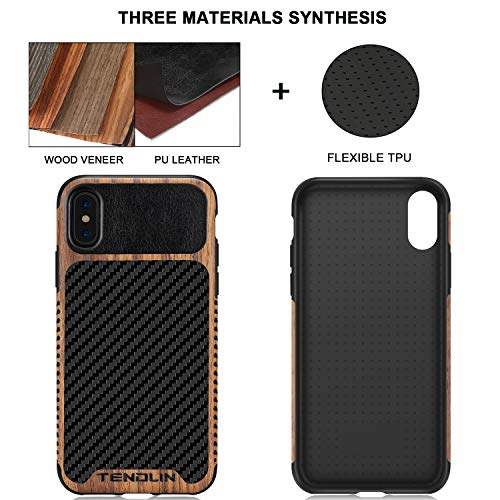 TENDLIN Compatible with iPhone Xs Max Case Wood Grain with Carbon Fiber Texture Design Leather Hybrid Slim Case Compatible with iPhone Xs Max