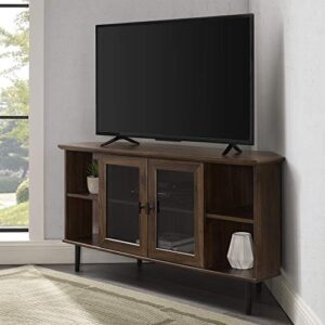 walker edison modern wood corner universal tv stand with open shelves glass cabinet doors storage for tv's up to 55" flat screen living room storage entertainment center, 48 inch, dark walnut