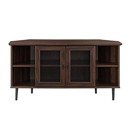 Walker Edison Modern Wood Corner Universal TV Stand with Open Shelves Glass Cabinet Doors Storage for TV's up to 55" Flat Screen Living Room Storage Entertainment Center, 48 Inch, Dark Walnut