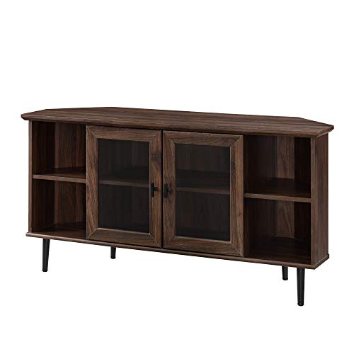 Walker Edison Modern Wood Corner Universal TV Stand with Open Shelves Glass Cabinet Doors Storage for TV's up to 55" Flat Screen Living Room Storage Entertainment Center, 48 Inch, Dark Walnut