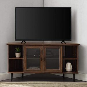 Walker Edison Modern Wood Corner Universal TV Stand with Open Shelves Glass Cabinet Doors Storage for TV's up to 55" Flat Screen Living Room Storage Entertainment Center, 48 Inch, Dark Walnut