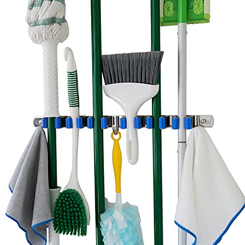 Broom Holder 6 Slots & 3 Hooks Wall Mount Garden Tool Organizer - Home Laundry Room, Kitchen, Closet, Shed, Garage Organization and Storage Utility Rack for Rake, Shovel, Mop Hanger Hooks N Holders