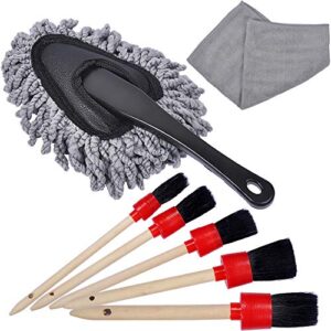 efuncar detailing brush set - 5 sizes premium natural boar hair detail brushes, 1 soft microfiber car dash duster brush, boar hair detail brush set with car microfiber duster interior exterior for car