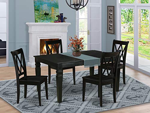 East West Furniture WECL5-BLK-W 5Pc Dinette Set Includes a Rectangle 42/60 Inch Dining Table with Butterfly Leaf and 4 Wood Seat Kitchen Chairs, Black Finish, 5 Piece