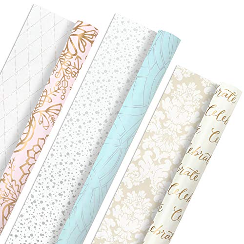 Hallmark All Occasion Reversible Wrapping Paper Bundle - Pastel & Metallic Celebrate (3-Pack: 75 sq. ft. ttl.) for Mother's Day, Weddings, Birthdays, Baby Showers, Bridal Showers or Any Occasion